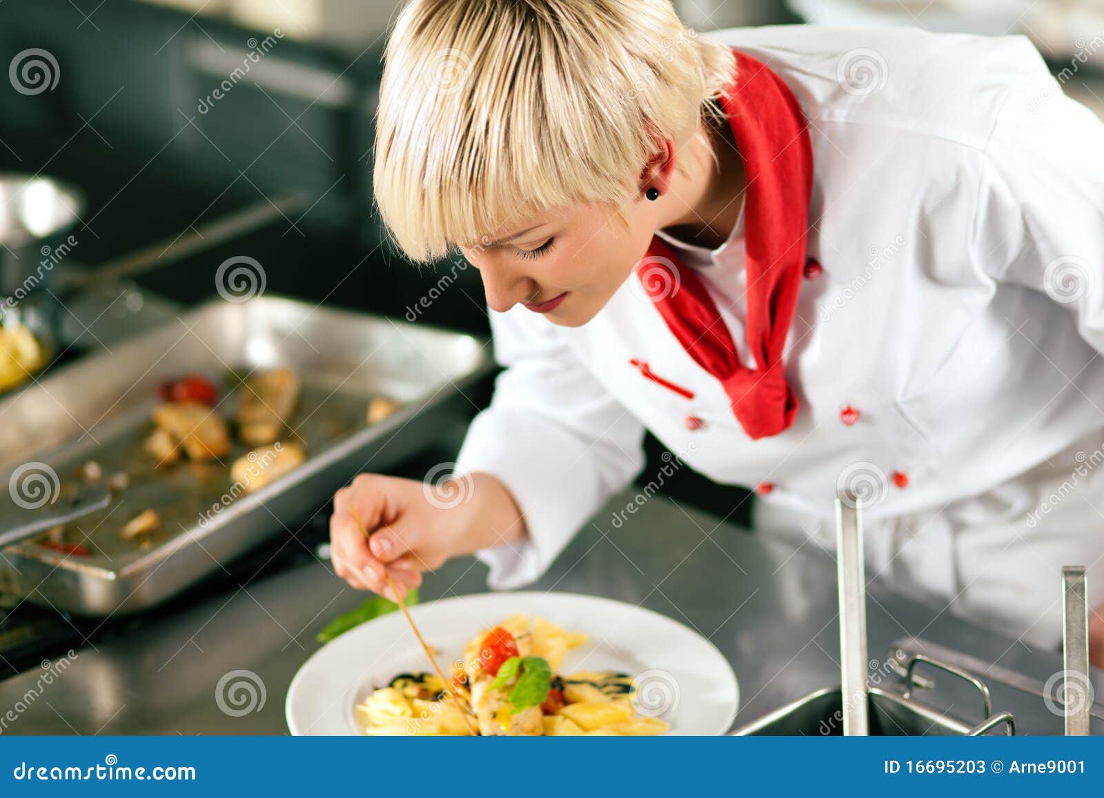 Chef in Restaurant Kitchen Cooking Stock Image - Image of woman ...