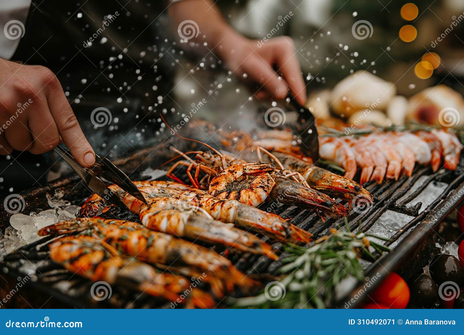 Chef in Restaurant Kitchen Frying Shrimp on Grill Stock Illustration ...