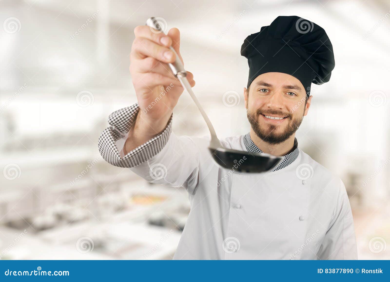 Chef in Restaurant Kitchen with Ladle in Hand Stock Photo - Image of ...