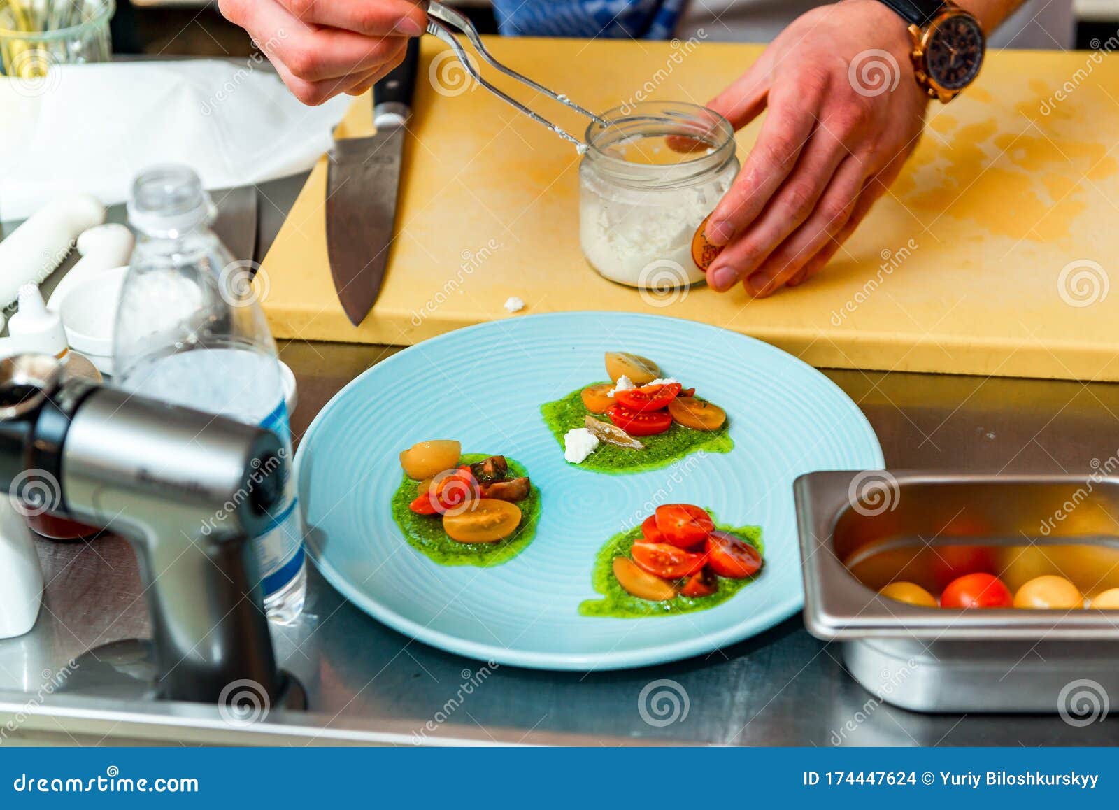 The Chef in the Restaurant Prepares a Dish Stock Photo - Image of hand ...