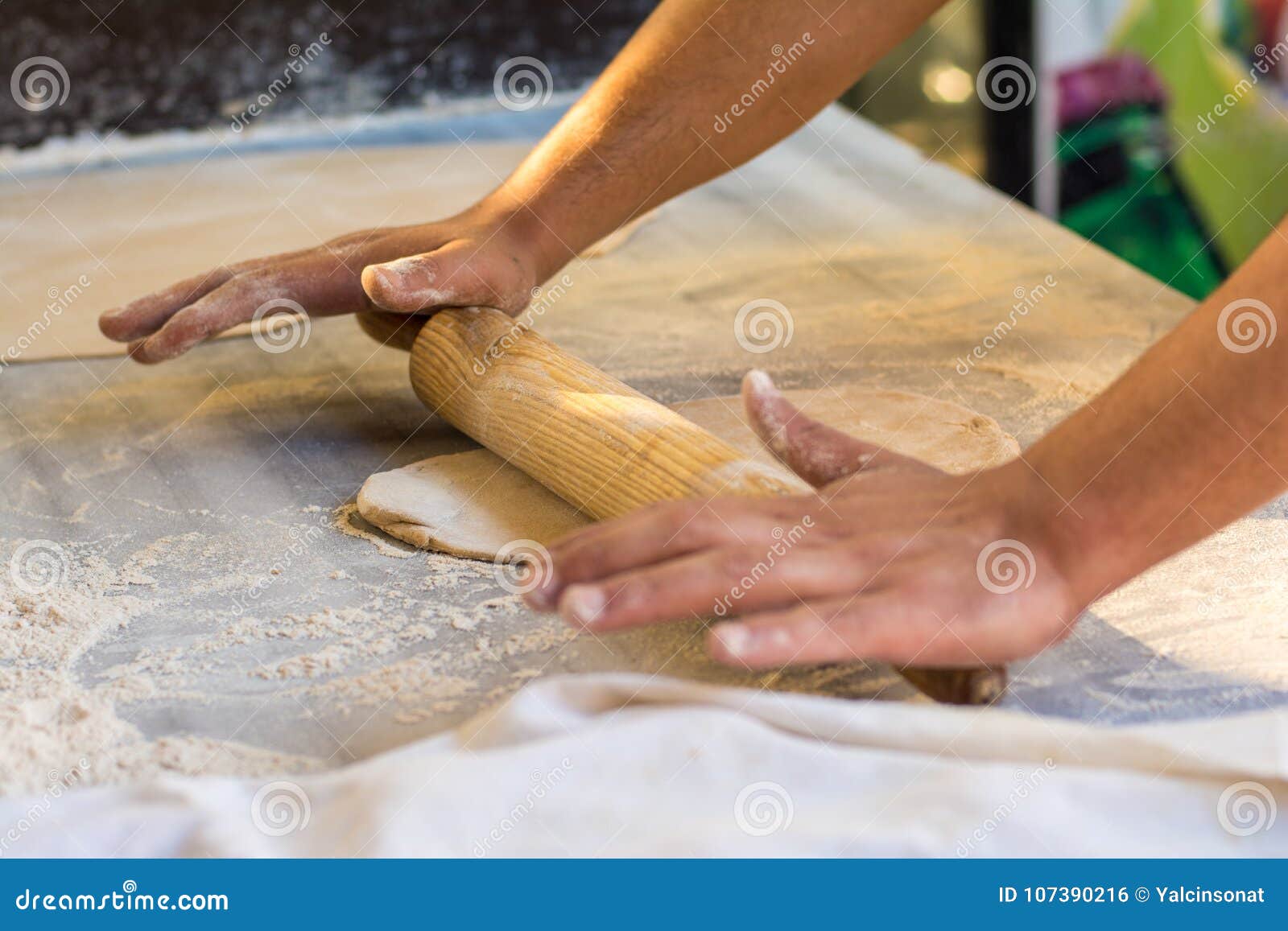 Chef rolling dough stock photo. Image of hand, bakery - 107390216