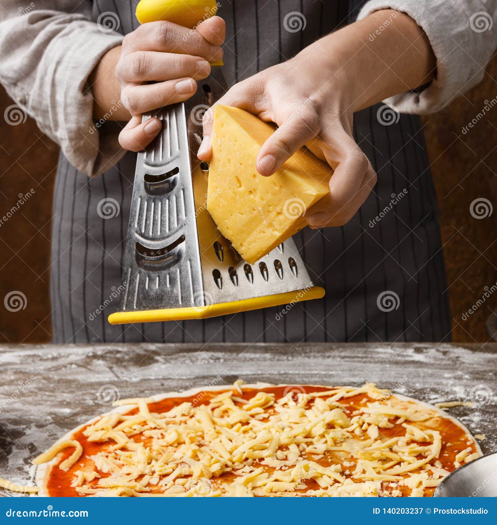 Chef Rubbing Cheese on Pizza, Using Grater Stock Image - Image of bake ...