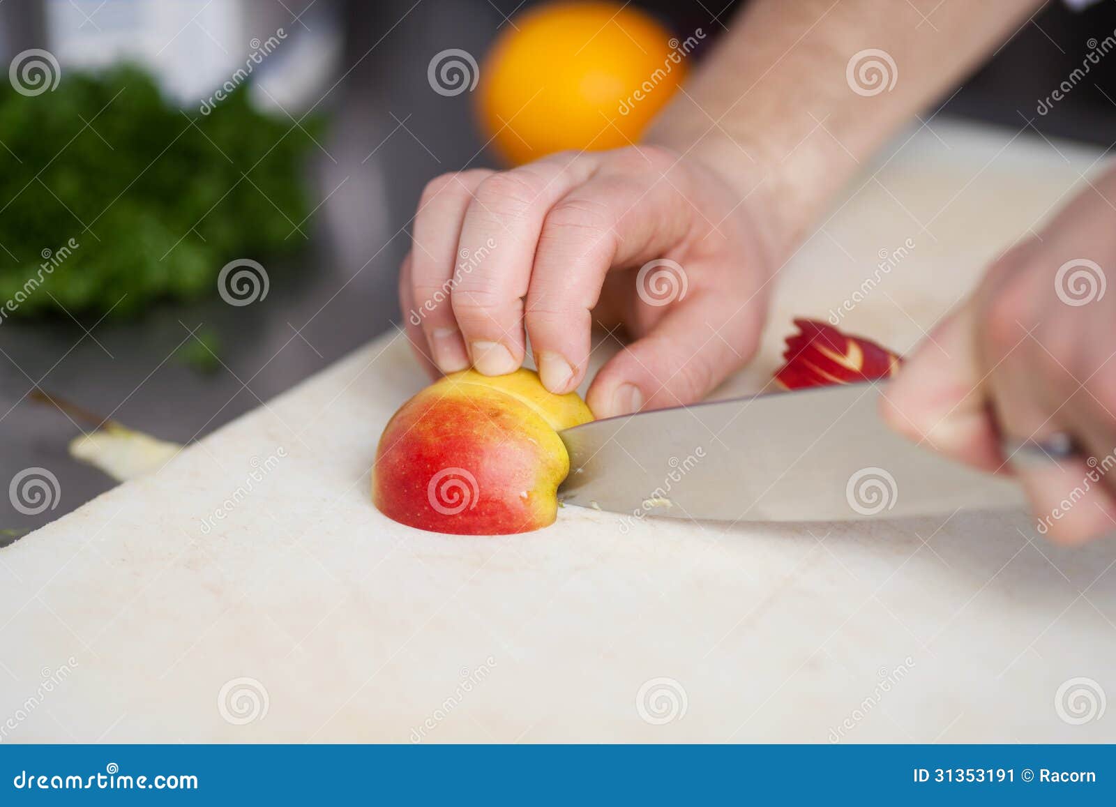 Chef S Hands Cutting an Apple on Chopping Board Stock Image - Image of ...