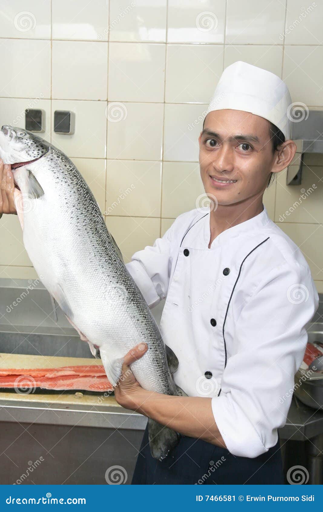 Chef and salmon fish stock image. Image of male, staff - 7466581