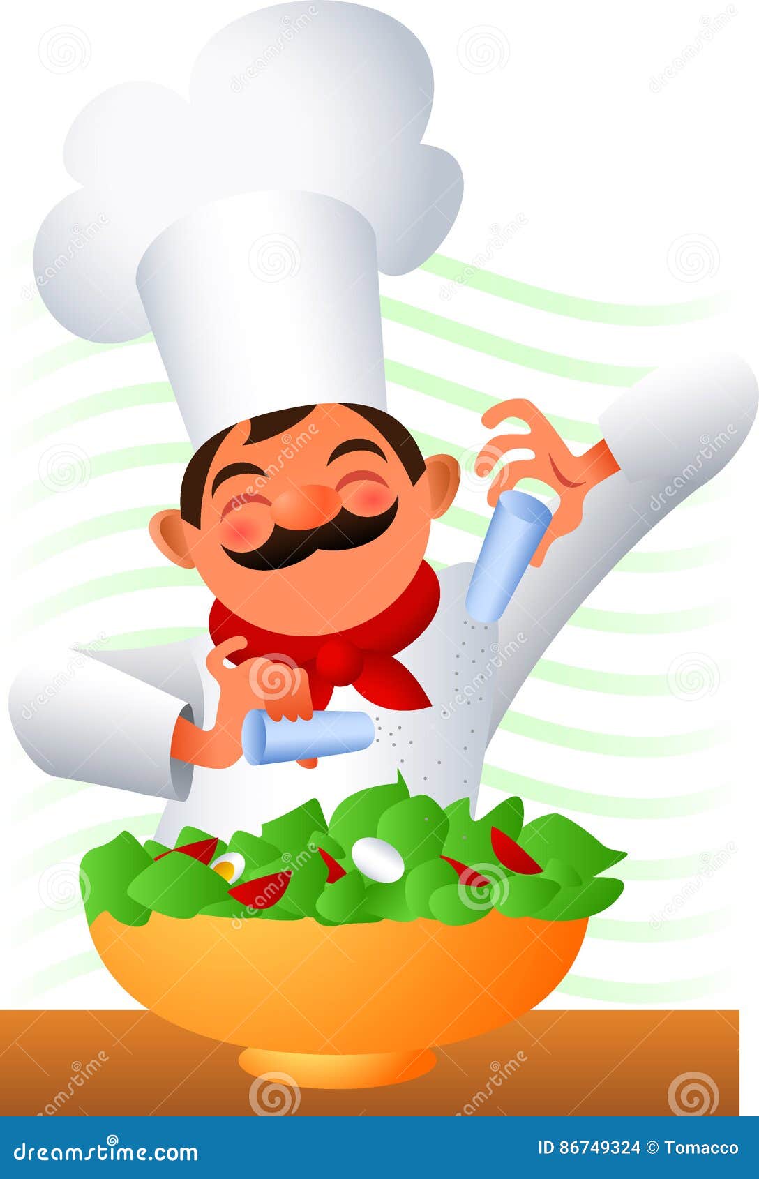Chef seasoning a salad stock illustration. Illustration of herb - 86749324