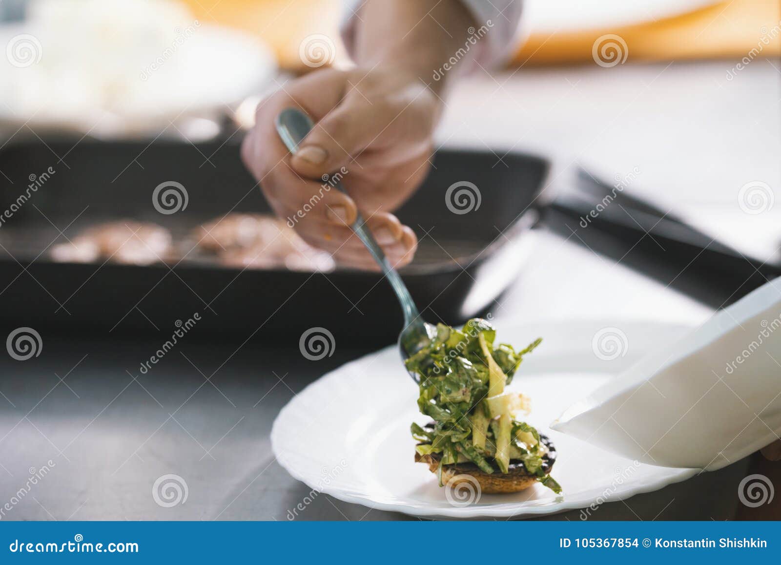 Chef Serves Dish on the Plate in Restaurant Stock Photo - Image of meat ...
