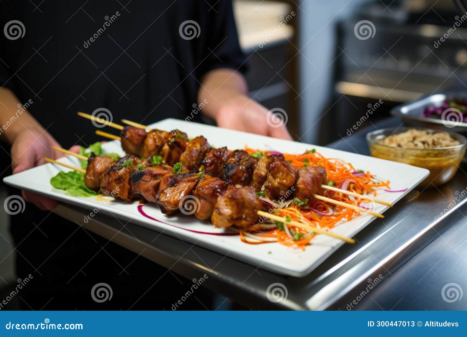 Chef Serving Cooked Pork Skewers on a Platter Stock Image - Image of ...