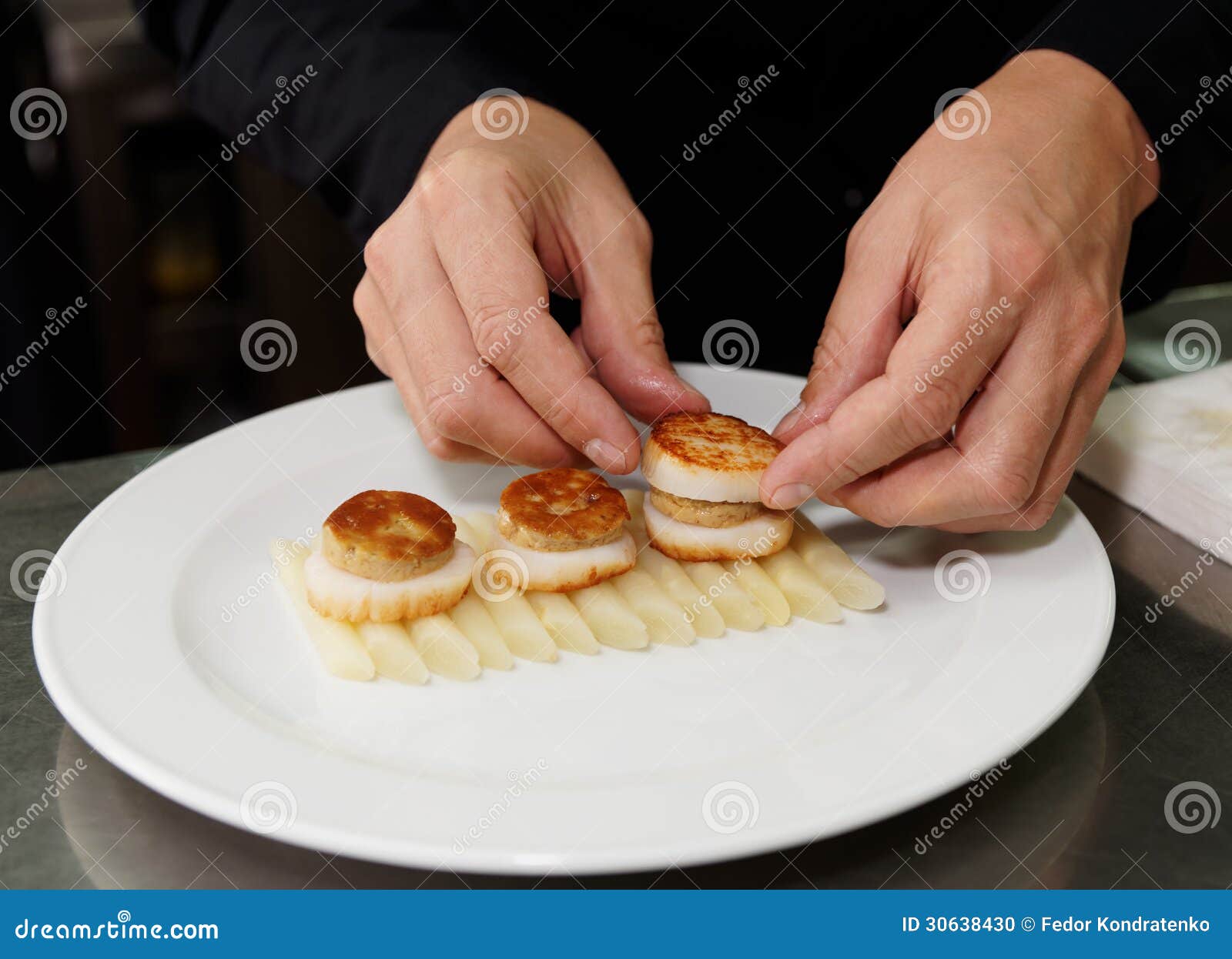 Chef is Serving Foie Gras with Grilled Scallops Stock Photo - Image of ...
