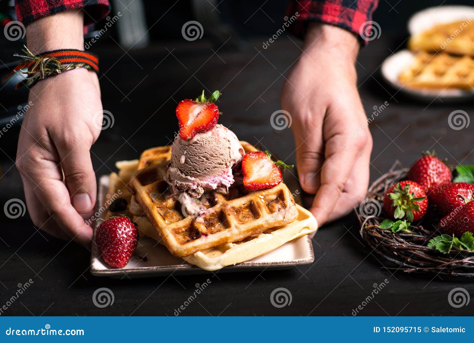 Chef Serving Freshly Made Waffle Dessert Stock Image - Image of healthy ...