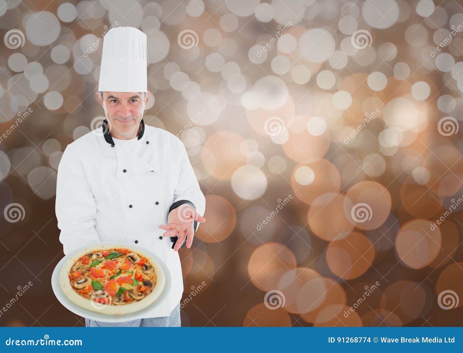 Chef Showing the Pizza. Lights Background Stock Photo - Image of circle ...