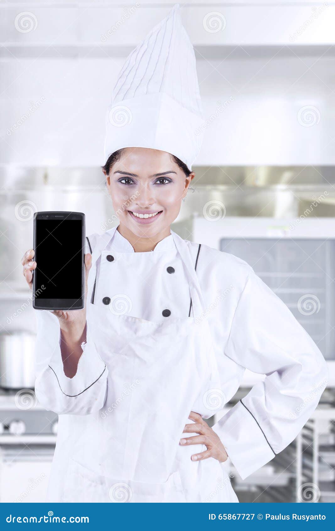 Chef Showing Smartphone in Kitchen Stock Image - Image of indian, copy ...