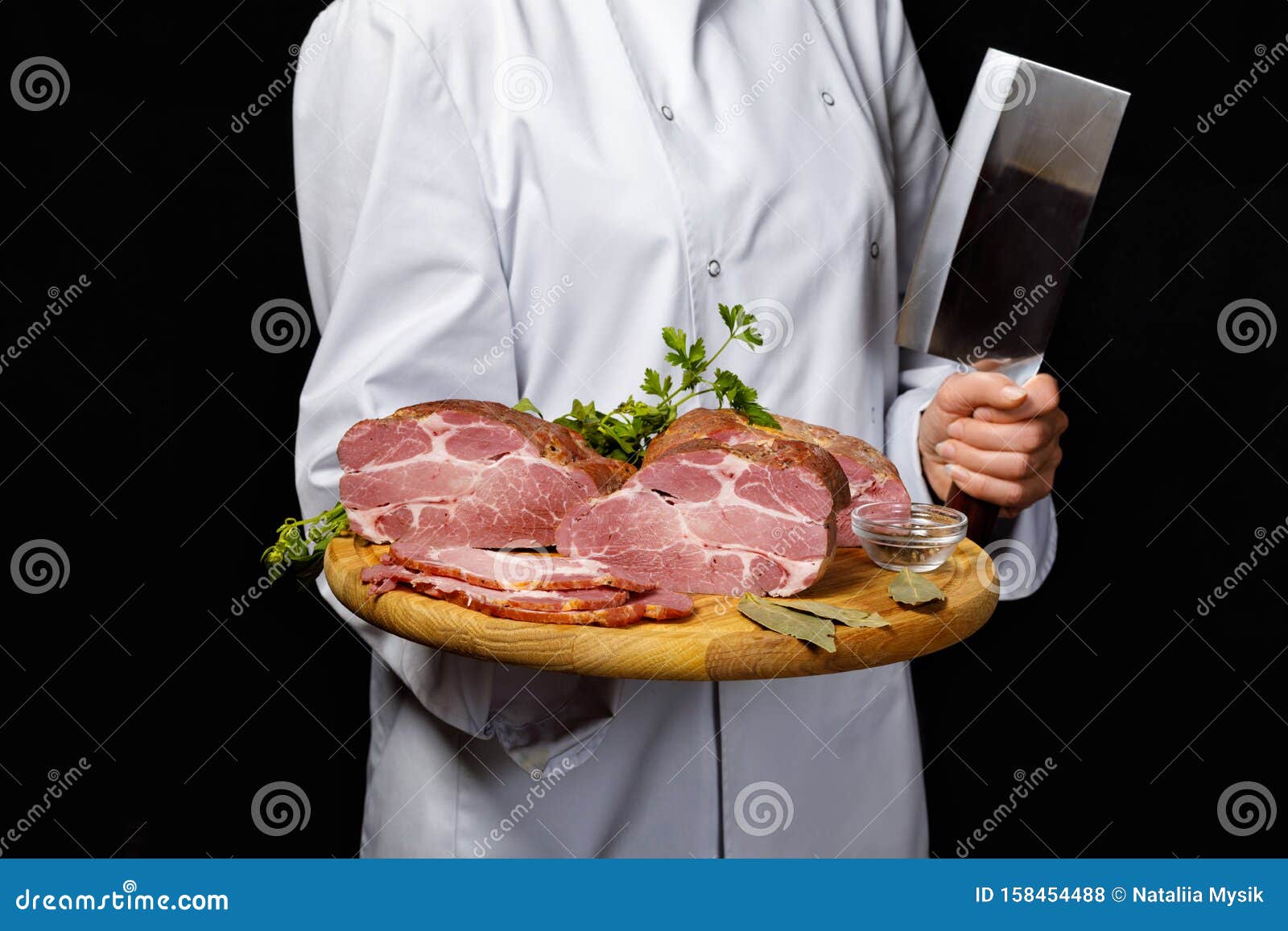 The Chef Shows a Ham with a Hatchet Stock Photo - Image of frying, food ...