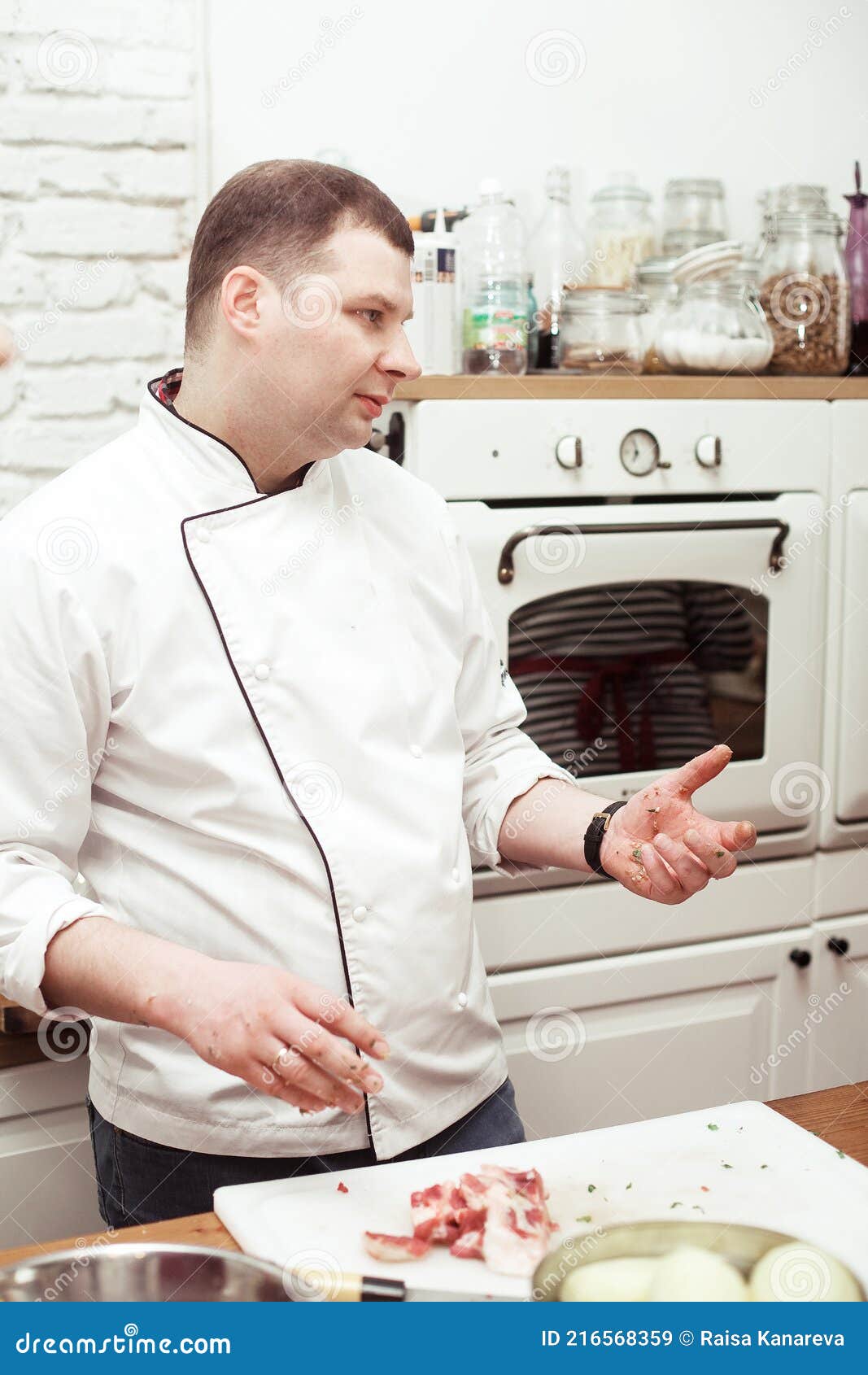 The Chef Shows a Master Class in the Kitchen, Shows the Students a ...