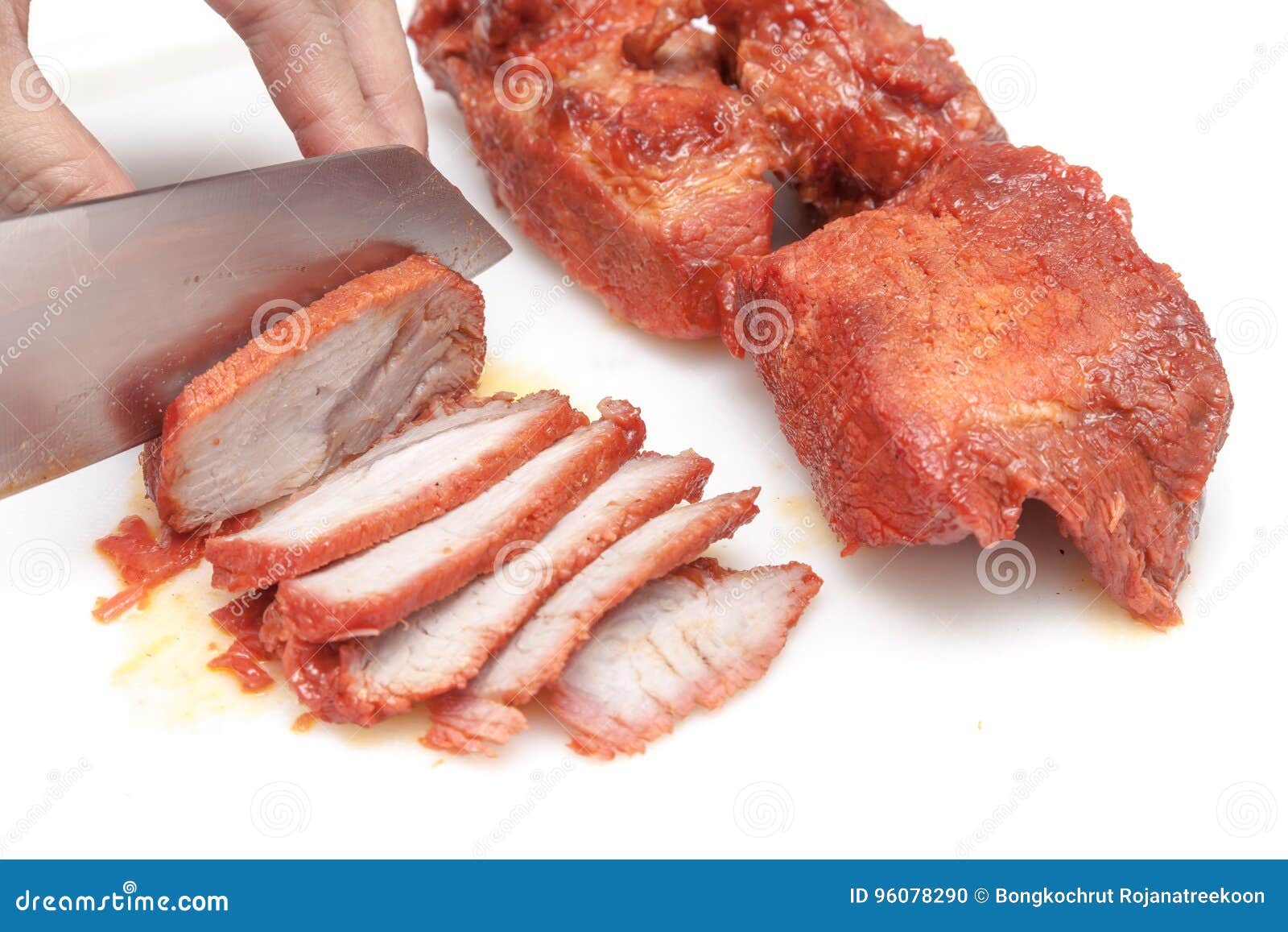 Chef Slice Roasted Red Pork into Small Pieces Stock Photo - Image of ...