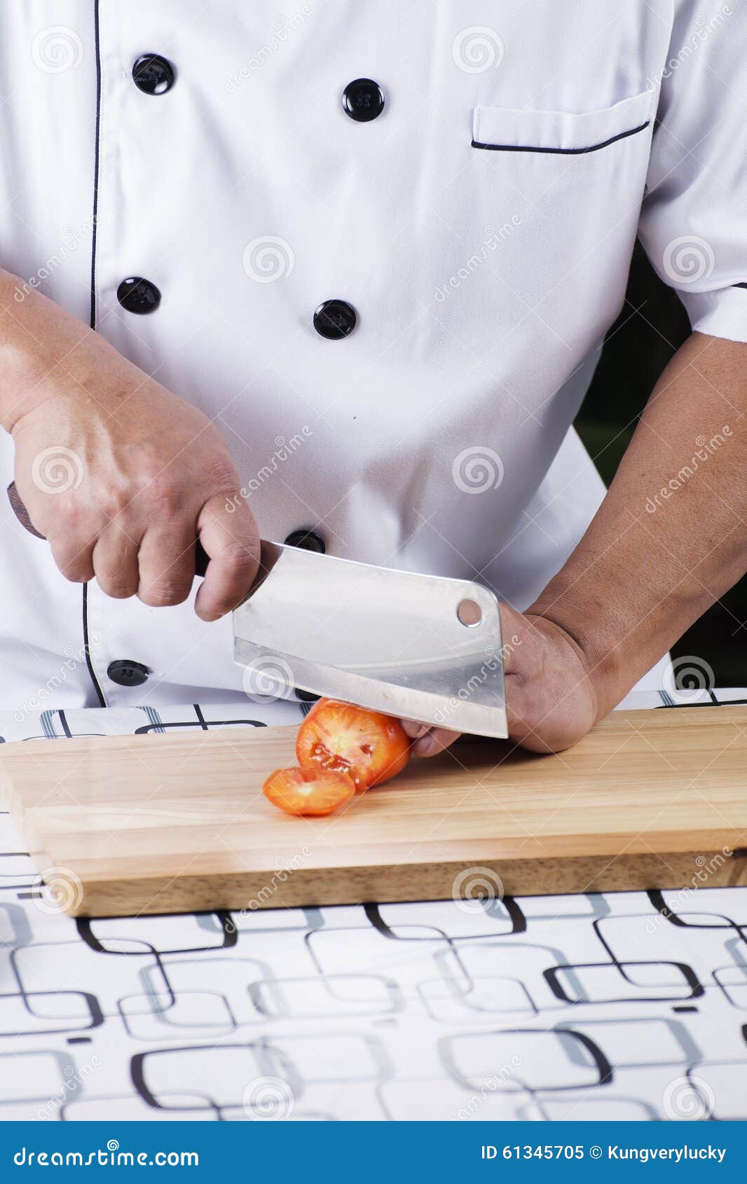 Chef Slice Tomato on Wooden Broad Stock Image - Image of apron, salad ...