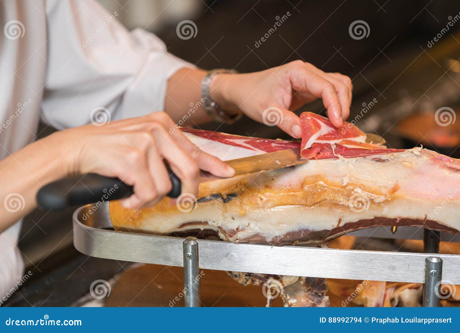 Chef Slices Serrano Ham. Jamon Serrano Stock Photo - Image of spanish ...