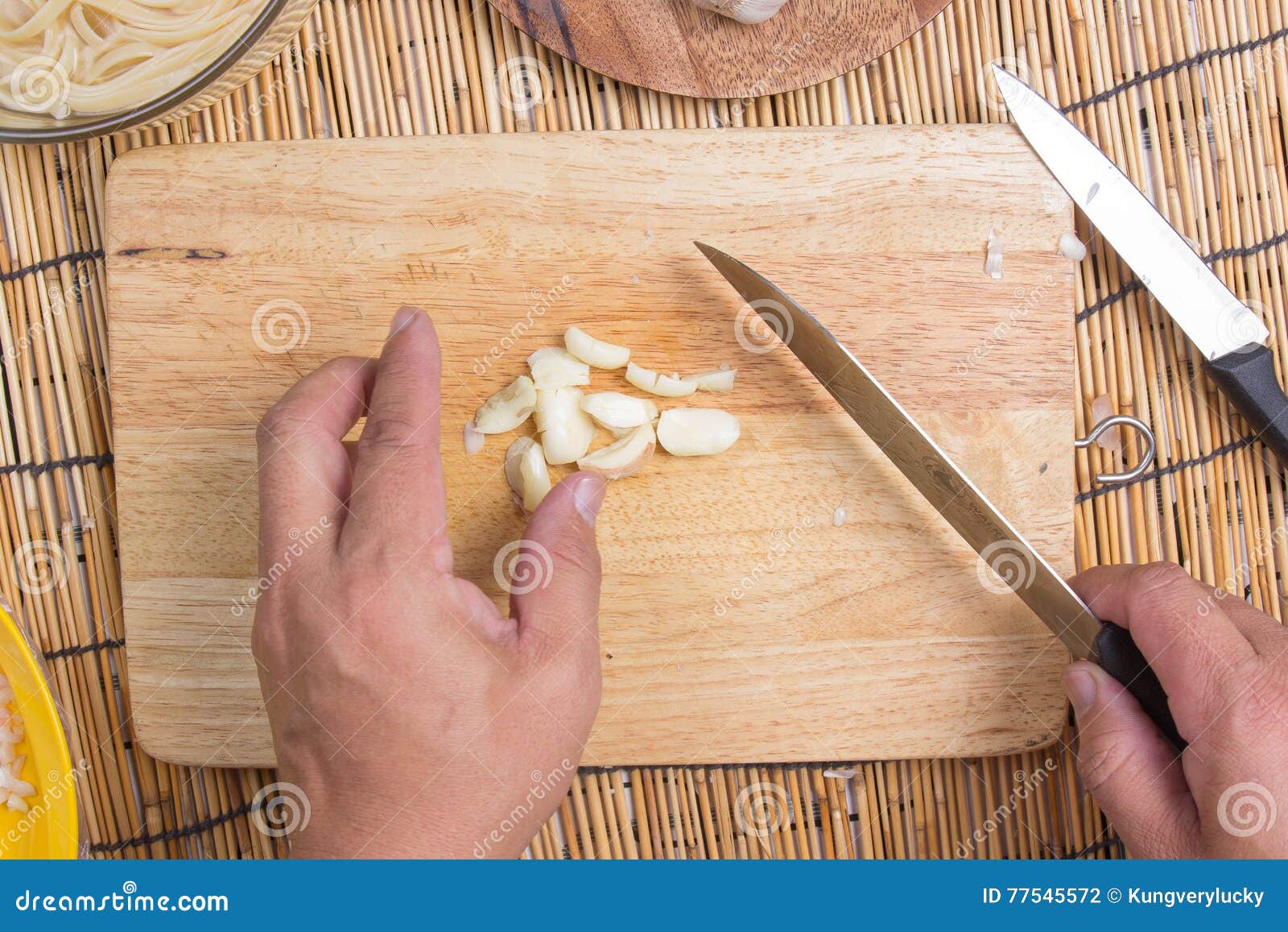 Chef Slicing Garlic with Knife Stock Photo - Image of close, cooking ...