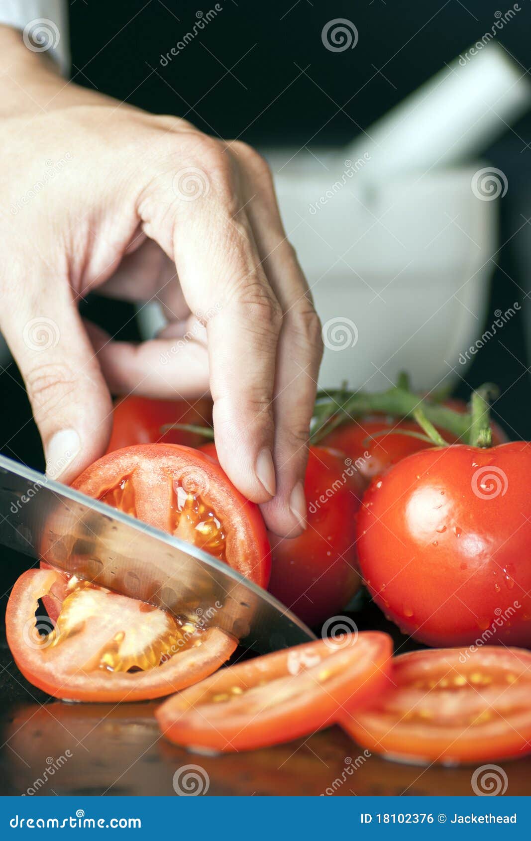 Chef Slicing Tomatoes stock photo. Image of board, chopping - 18102376