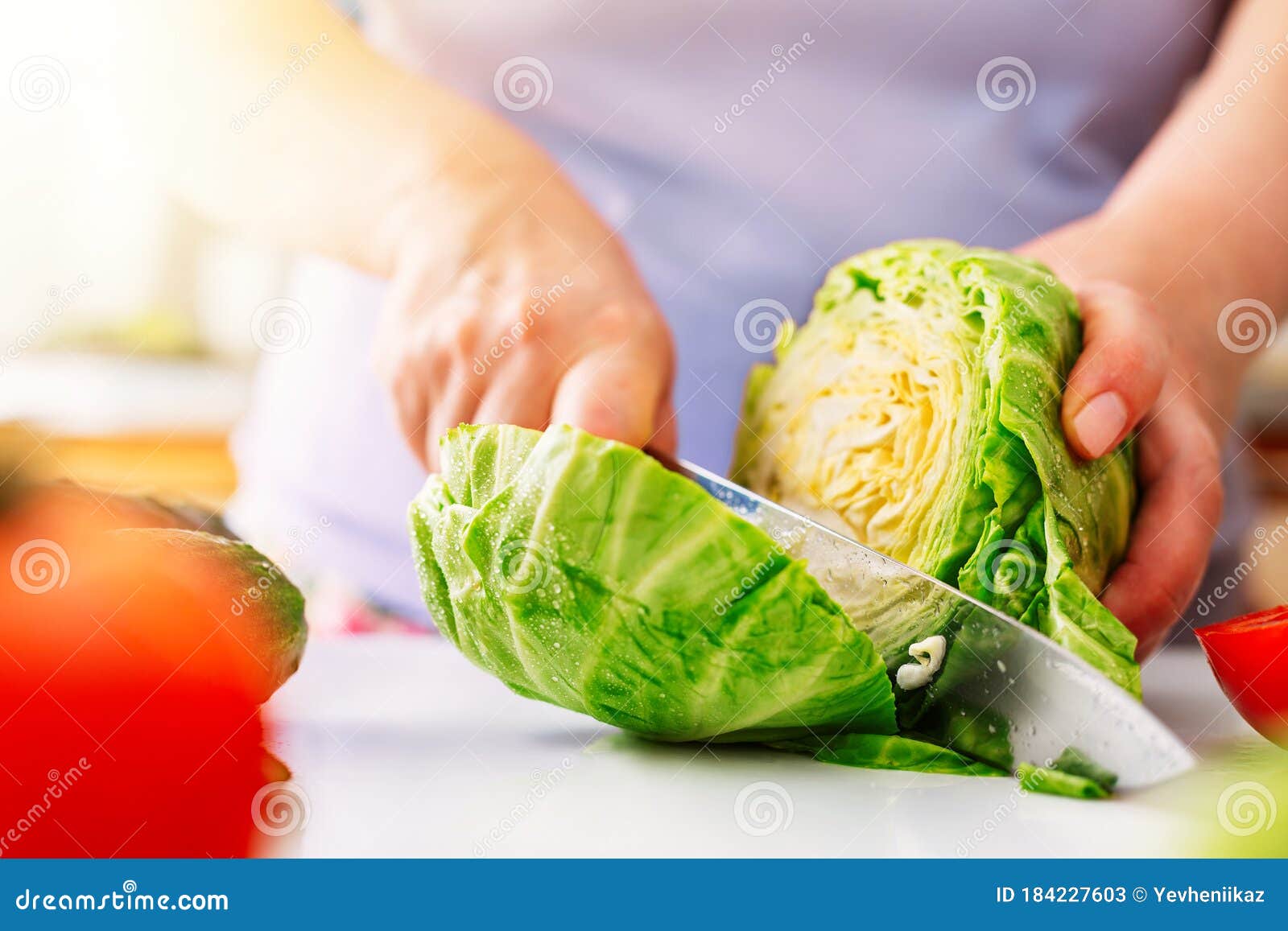 Chef Slicing Vegetables and Cabbage on the Table in Restaurant. Process ...