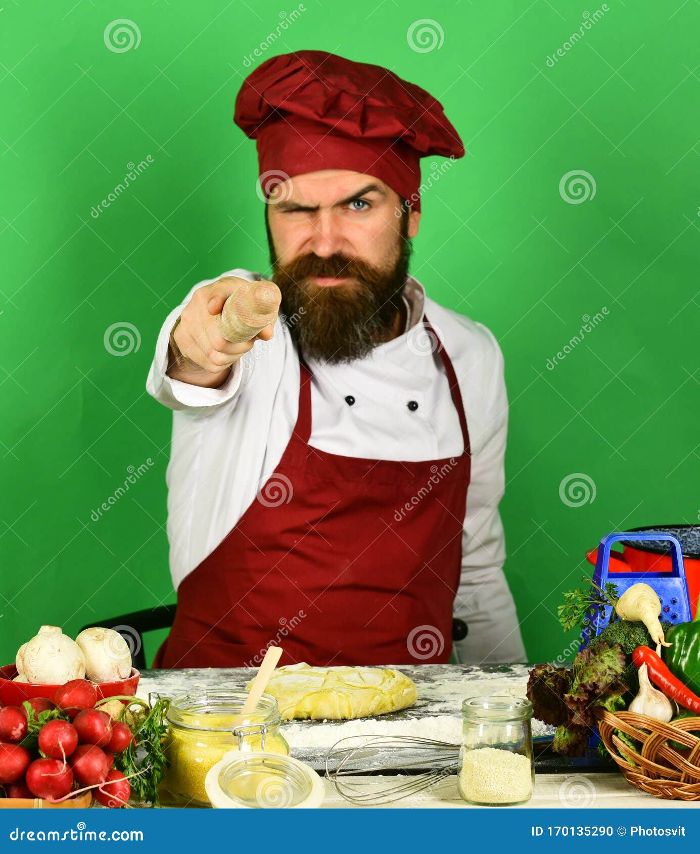 Chef with Spices, Vegetables and Dough on Table Stock Photo - Image of ...