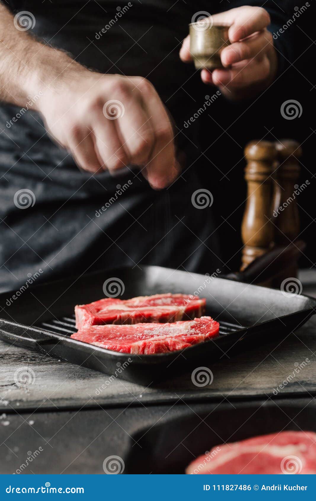 Chef Sprinkle Salt Beef Steaks Man Cooking Beef Steaks Stock Photo ...