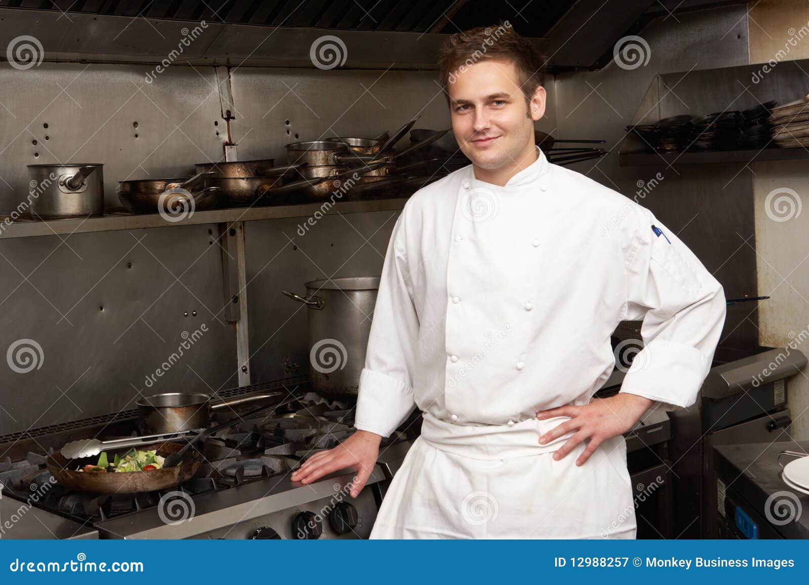 Chef Standing Next To Cooker in Kitchen Stock Image - Image of apron ...