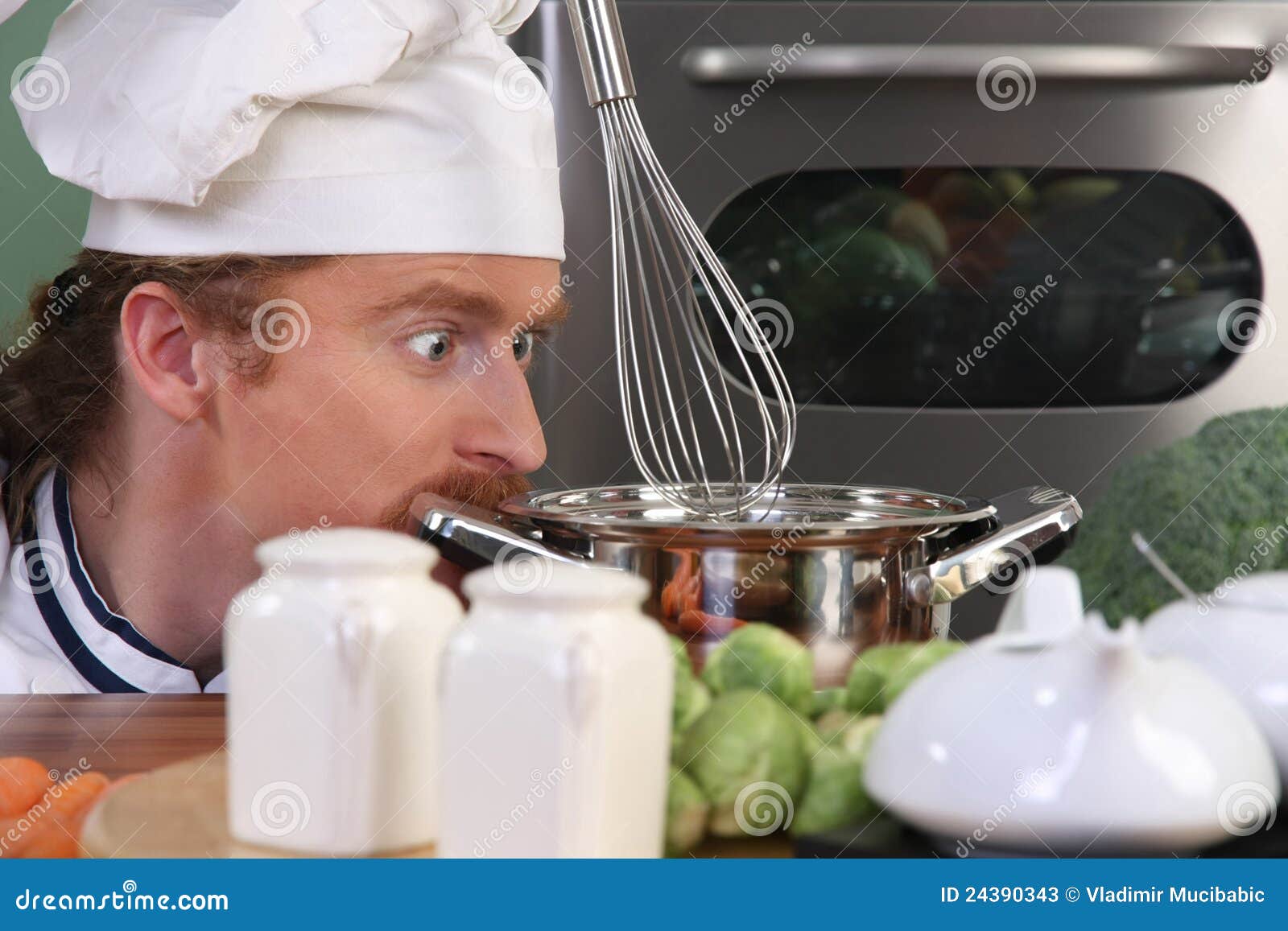 Chef Strange Looking at Pot Stock Image - Image of prepare, look: 24390343