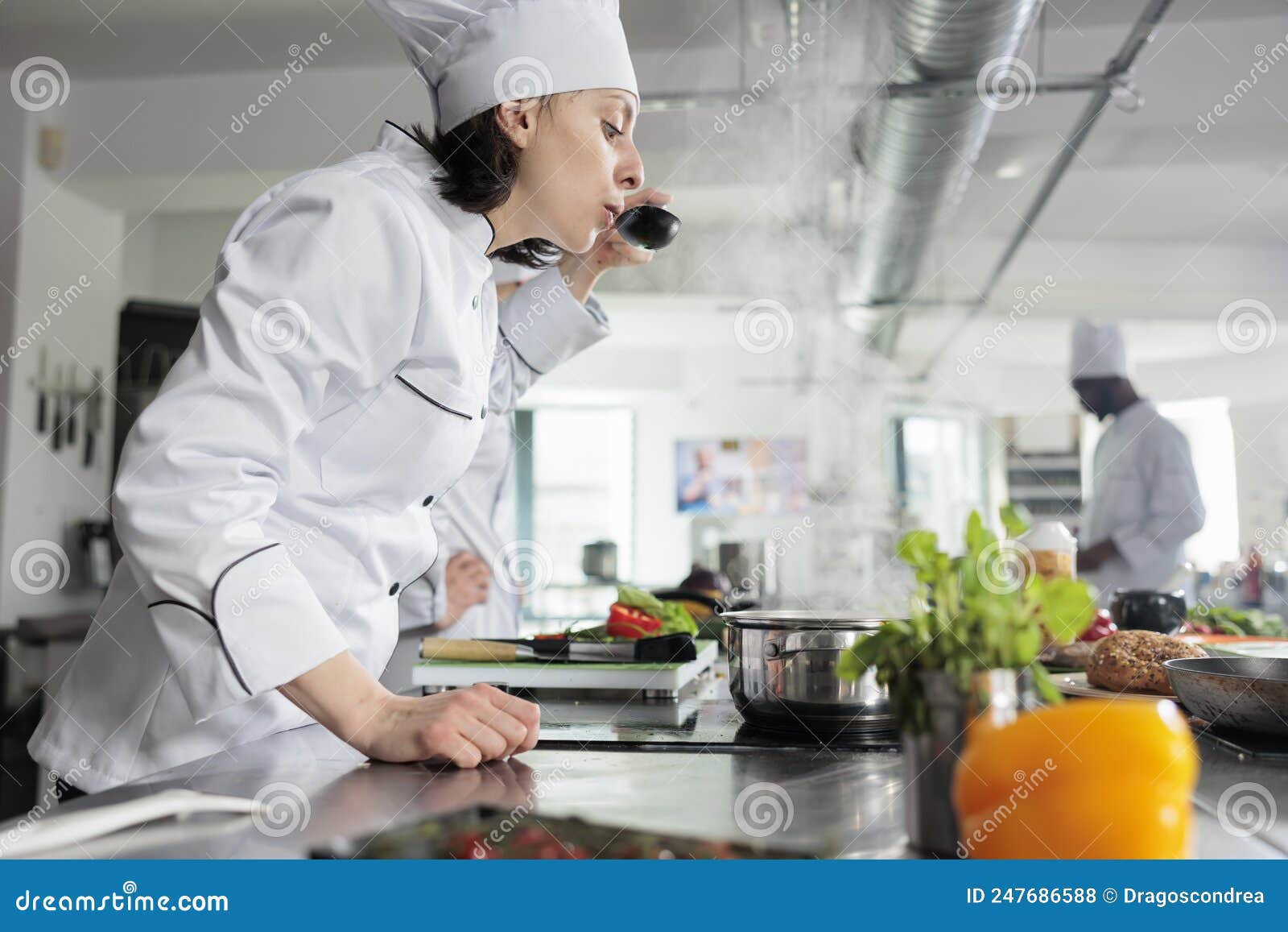 Chef Tasting Gourmet Dish Cooked in Professional Kitchen and Served at ...