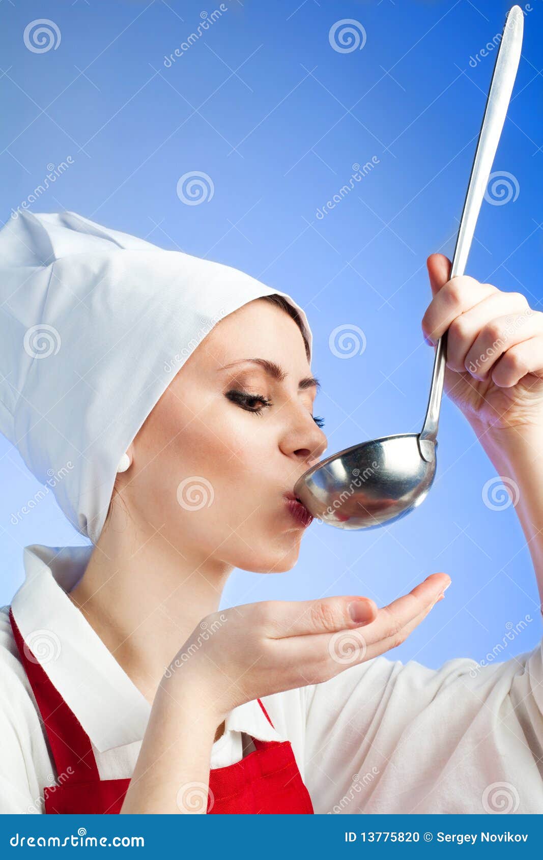 Chef Tasting Soup from Ladle Stock Photo - Image of portrait, adult ...