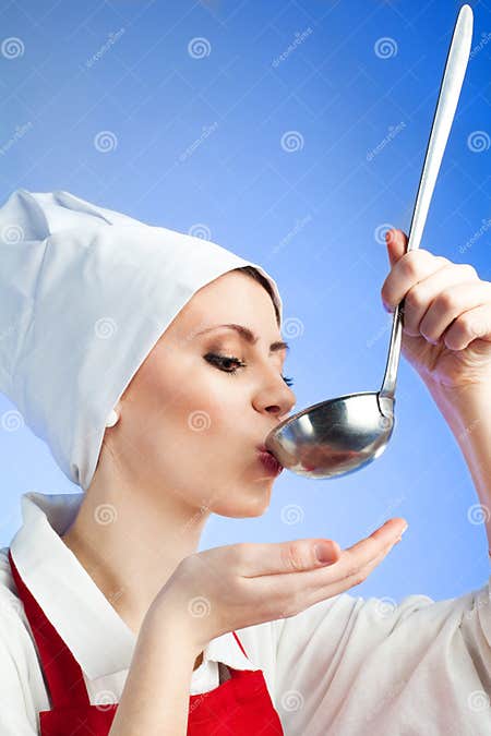 Chef Tasting Soup from Ladle Stock Photo - Image of portrait, adult ...