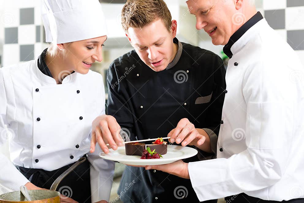 Chef Team in Restaurant Kitchen with Dessert Stock Image - Image of ...