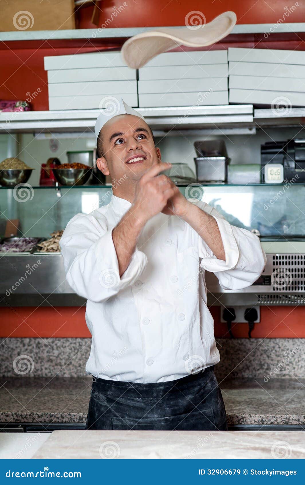 Chef Throwing Up Dough For Pizza On Black, Cook Hands Kneading Dough ...