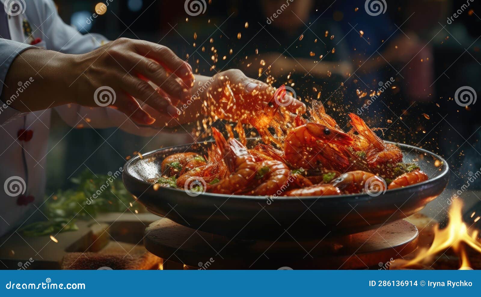 Chef Throwing Prawns on Wok Pan, Ai Generated Stock Illustration ...
