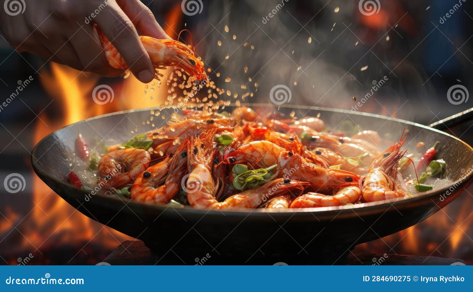 Chef Throwing Prawns on Wok Pan, Ai Generated Stock Illustration ...