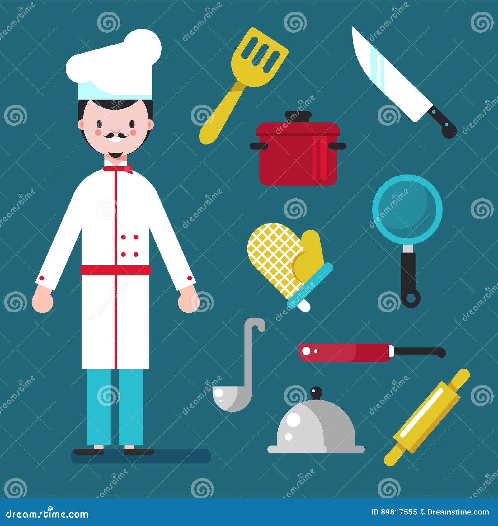 Chef and Tools Character, Set Kitchen Shelves and Cooking Utensils ...