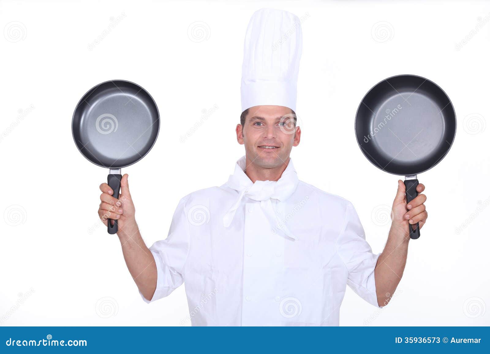 Chef with two pans stock image. Image of plan, recipe - 35936573