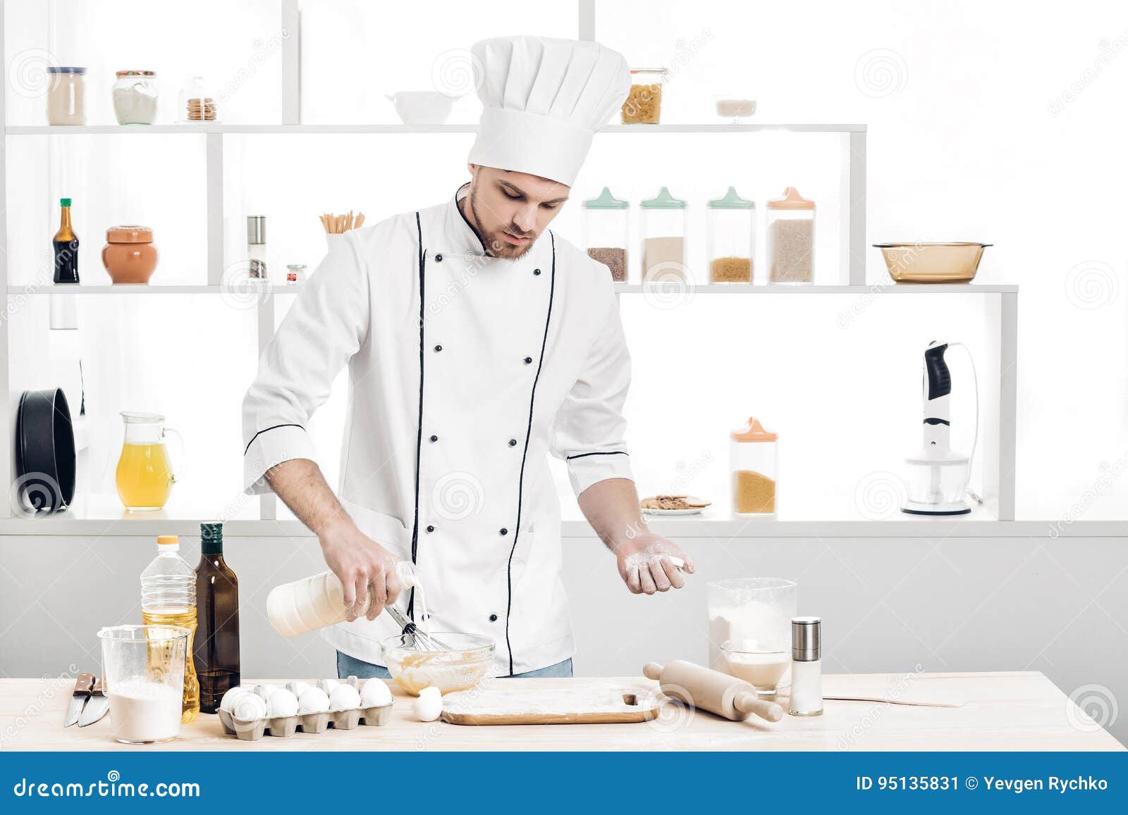 Chef in Uniform Makes Dough in Kitchen Stock Image - Image of male ...