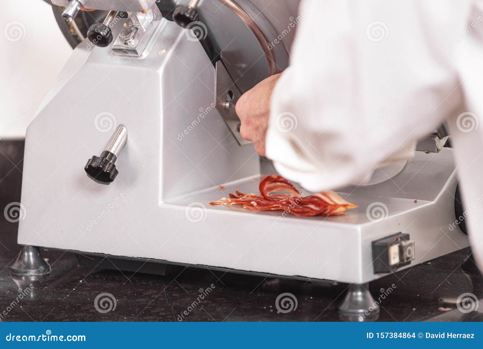 Chef Using Ham Slicer Machine. Slicing Bacon. Stock Photo - Image of ...