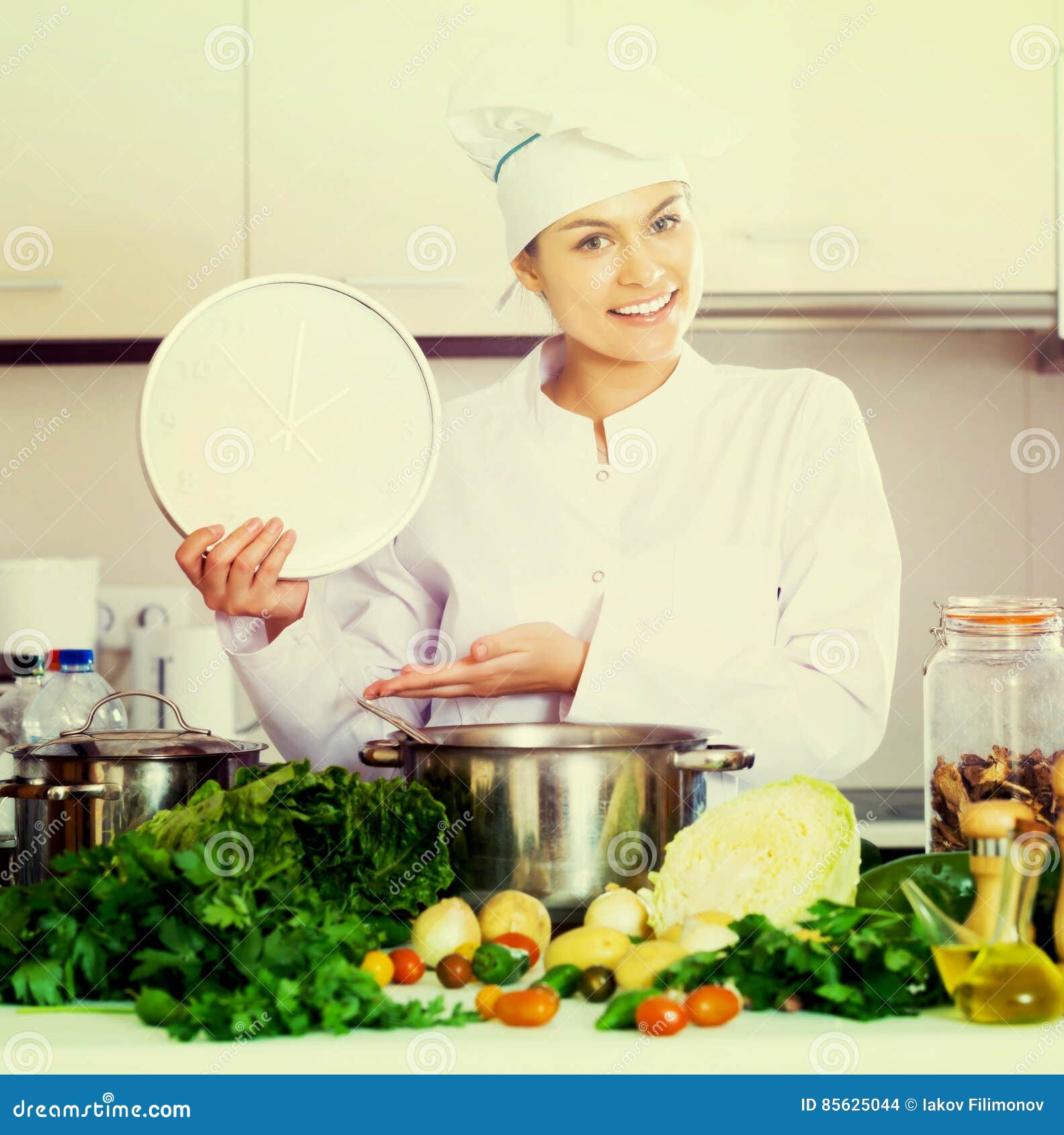 Chef with Vegetables and Clock Stock Photo - Image of flat, european ...