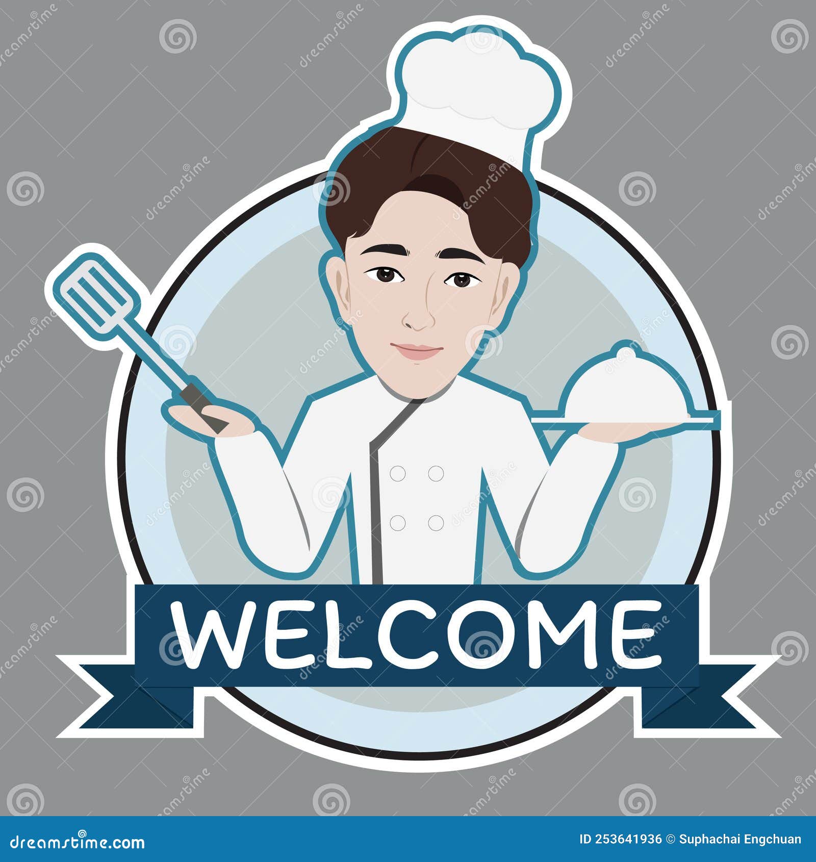 Chef Welcome Label with Blue Banner Flat Design - Vector Illustration ...