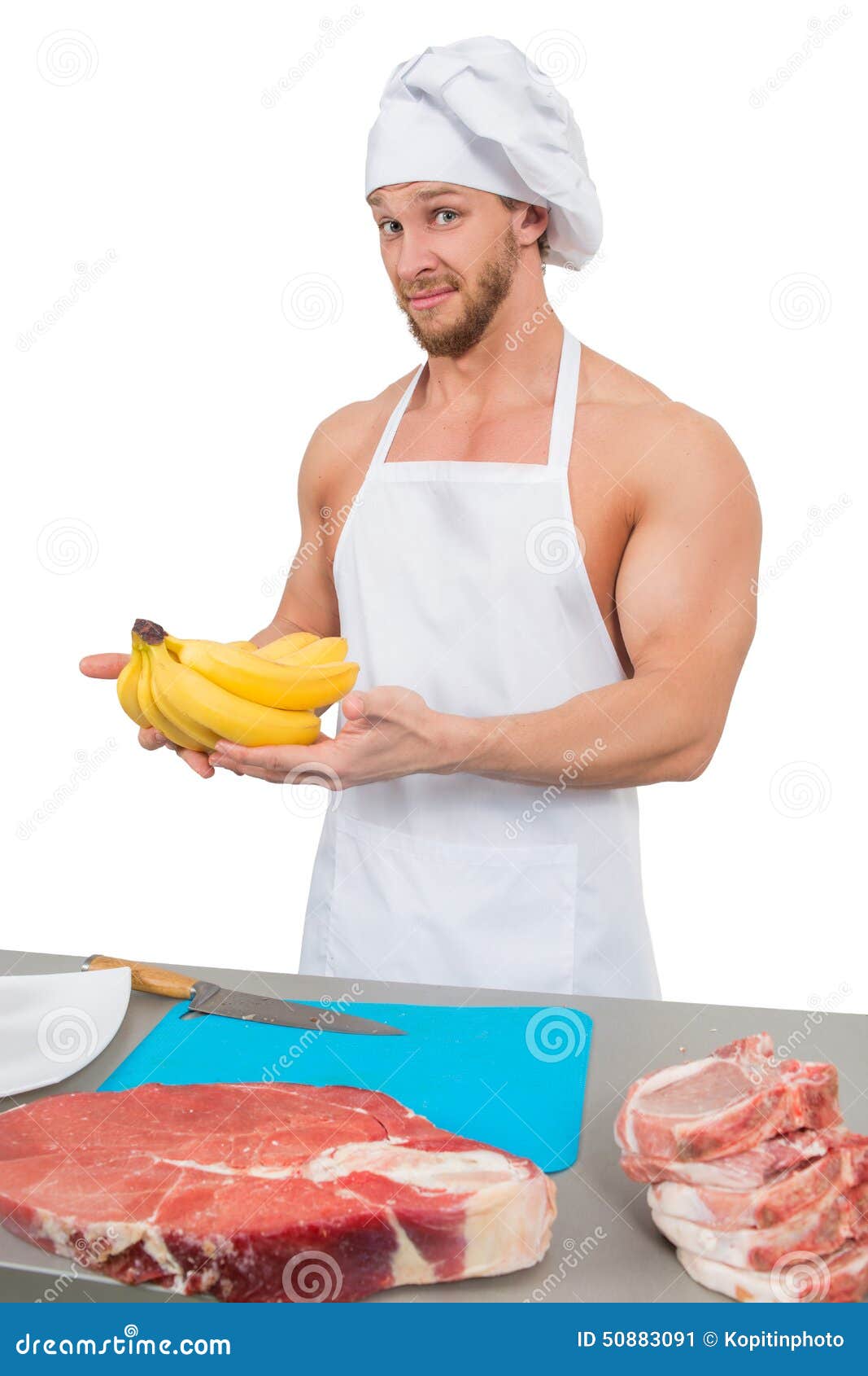 Chef in a White Apron Holding Bananas Stock Image - Image of path ...