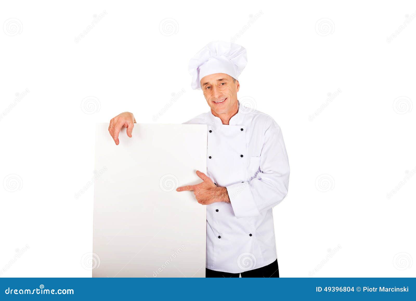 Chef in White Uniform Holding Empty Banner Stock Photo - Image of ...
