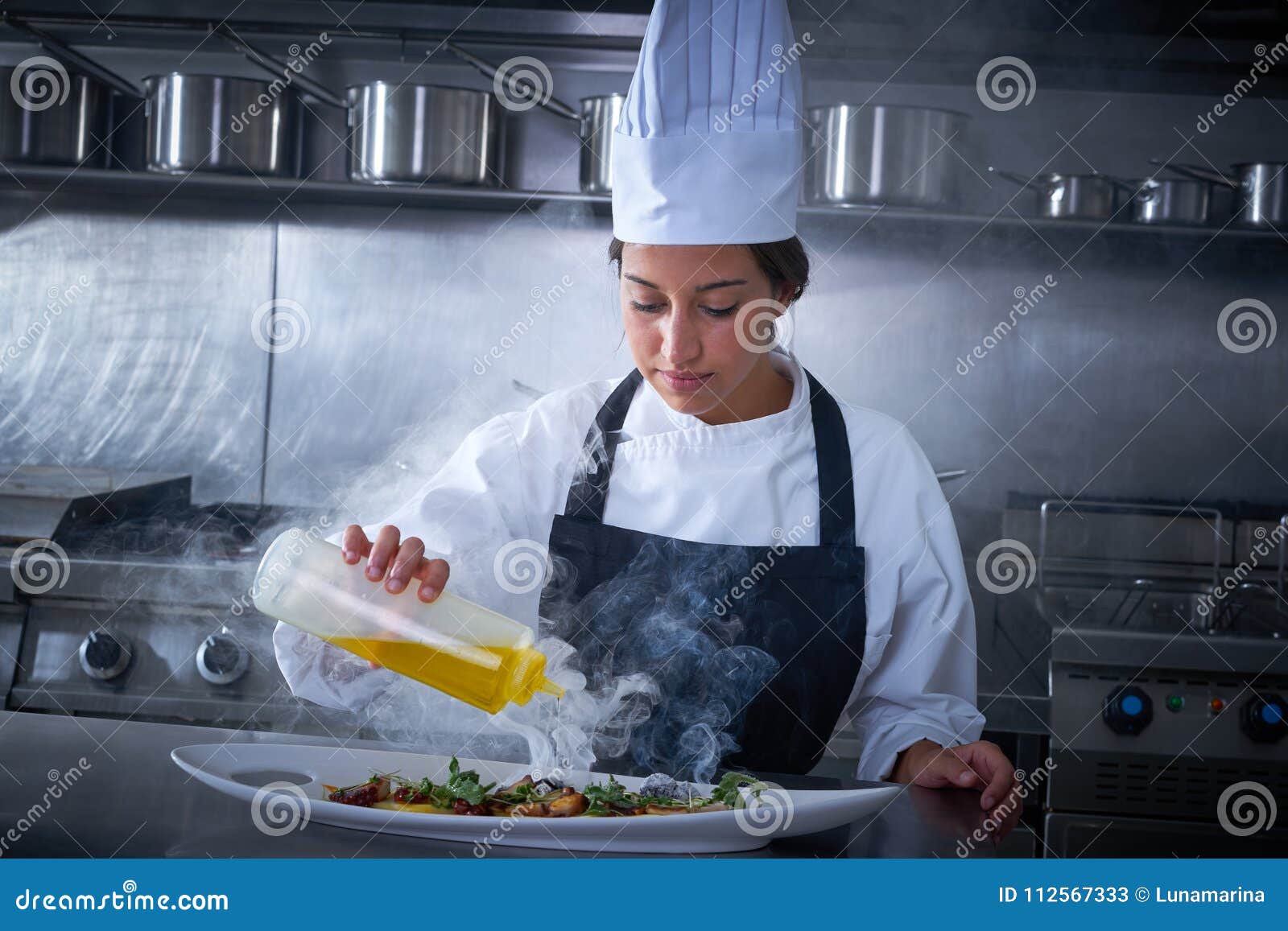 Chef Woman Working in Kitchen with Smoke Stock Image - Image of cuisine ...