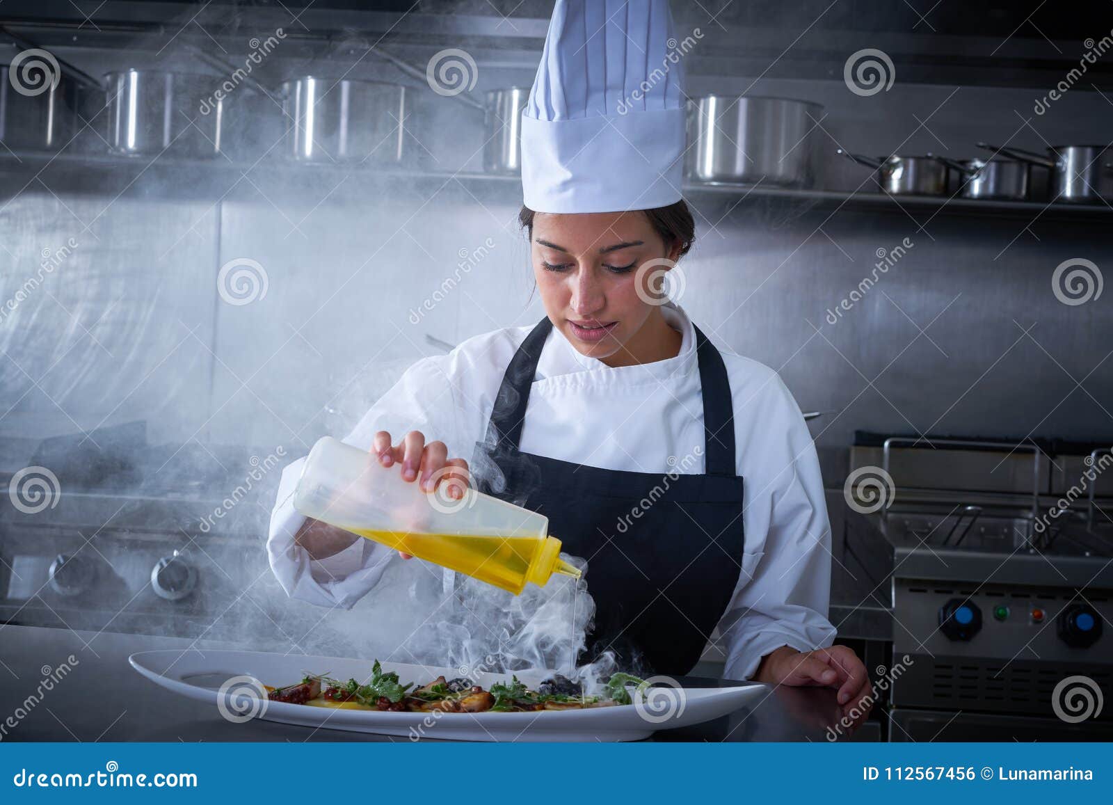 Chef Woman Working in Kitchen with Smoke Stock Photo - Image of healthy ...