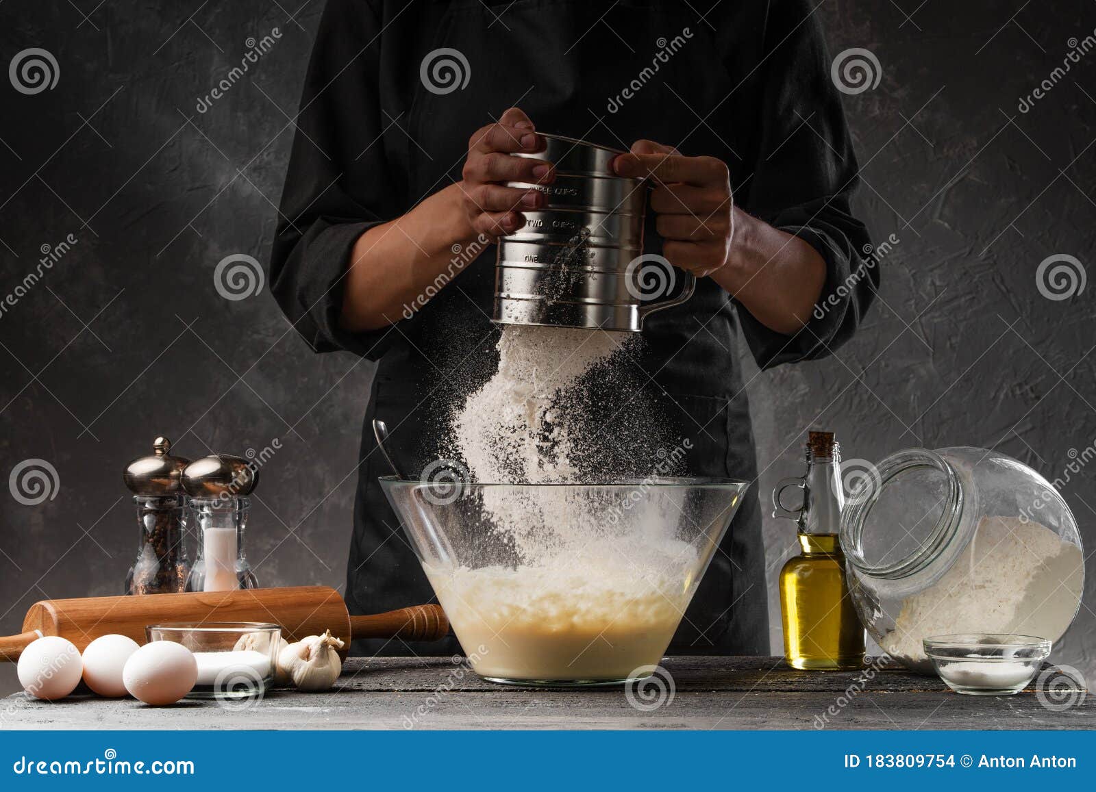 Chef Works with Flour. Bakery Preparing Bread and Pastries Stock Photo ...