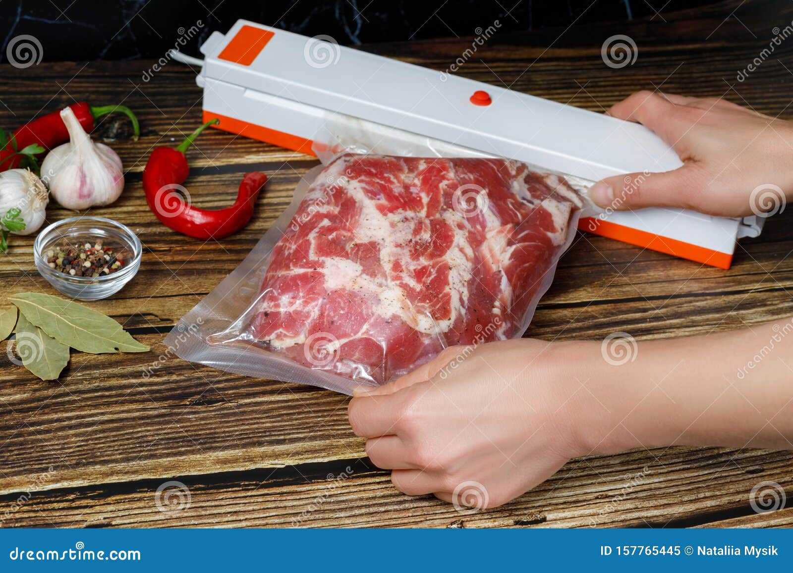 The Chef Wraps the Meat in the Package Stock Image - Image of packed ...