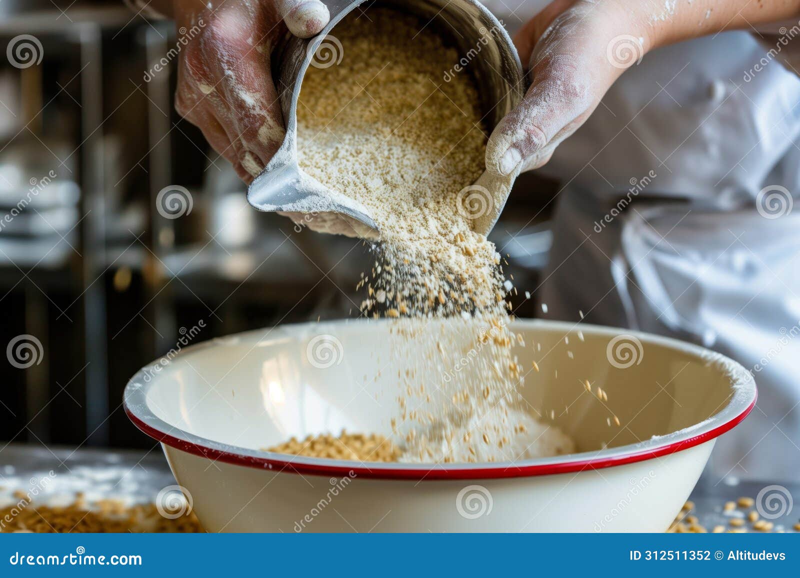 Chefs Hands Pouring Wheat Flour into a Mixing Bowl Stock Illustration ...