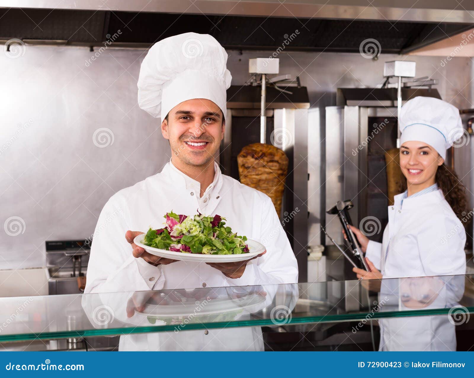 Chefs with Kebab and Salad at Bistro Stock Image - Image of display ...