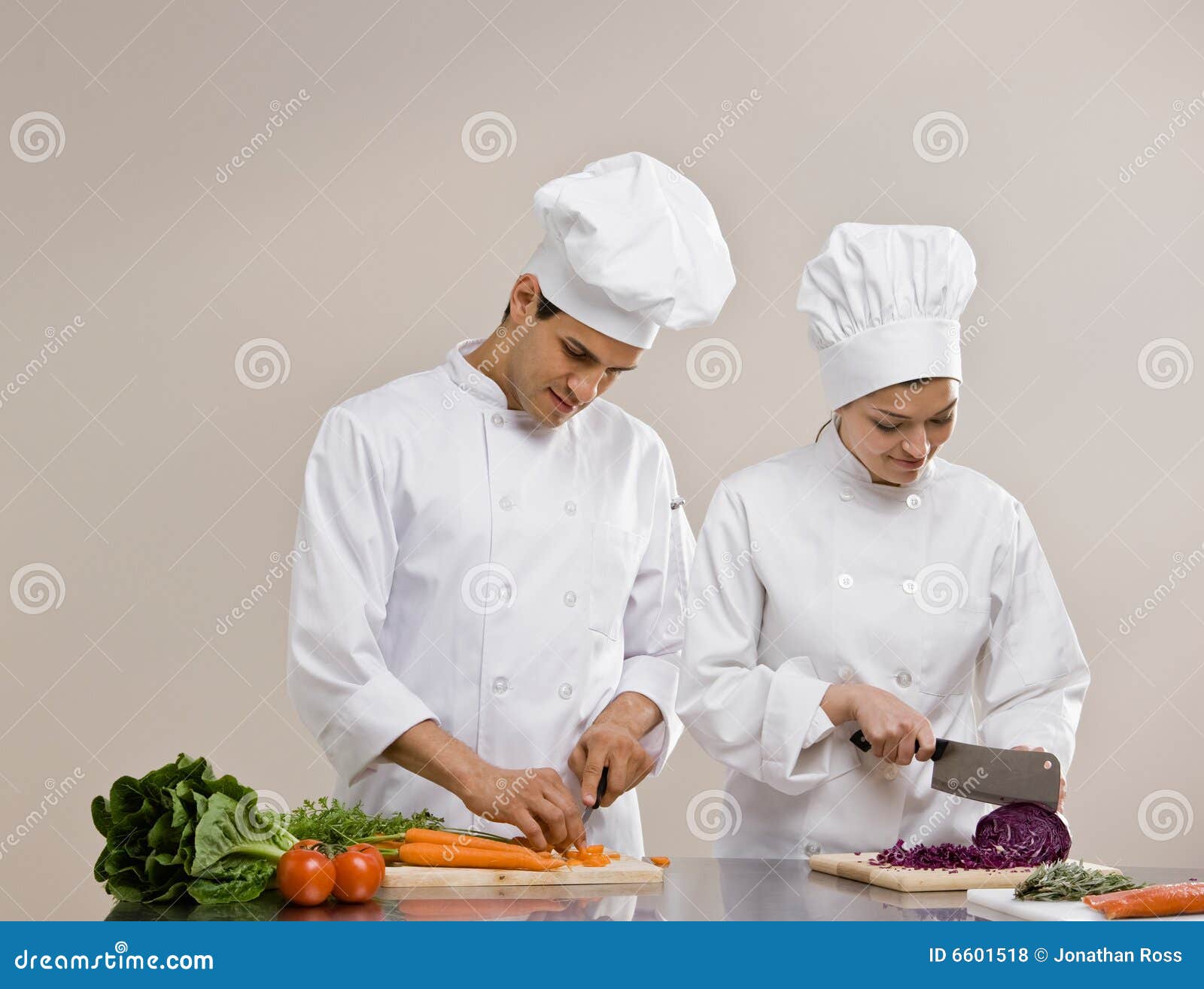 Chefs in Toques Preparing and Chopping Food Stock Photo - Image of ...