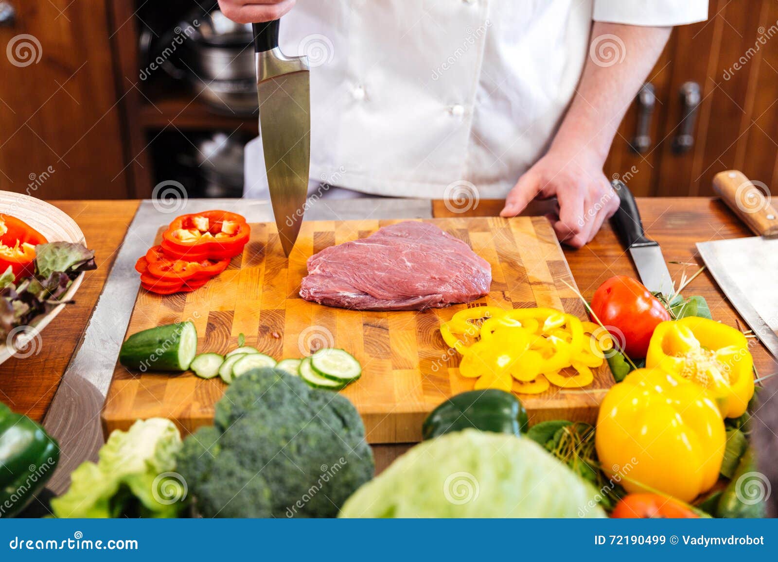 Cheif Cook Coooking Meat and Salad with Fresh Vegetables Stock Image ...